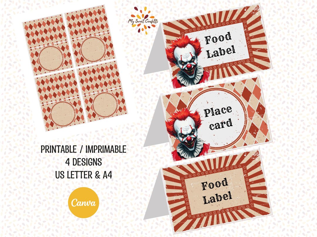 Creepy Circus Clown Food Labels | Printable Place Card | Printable Food ...