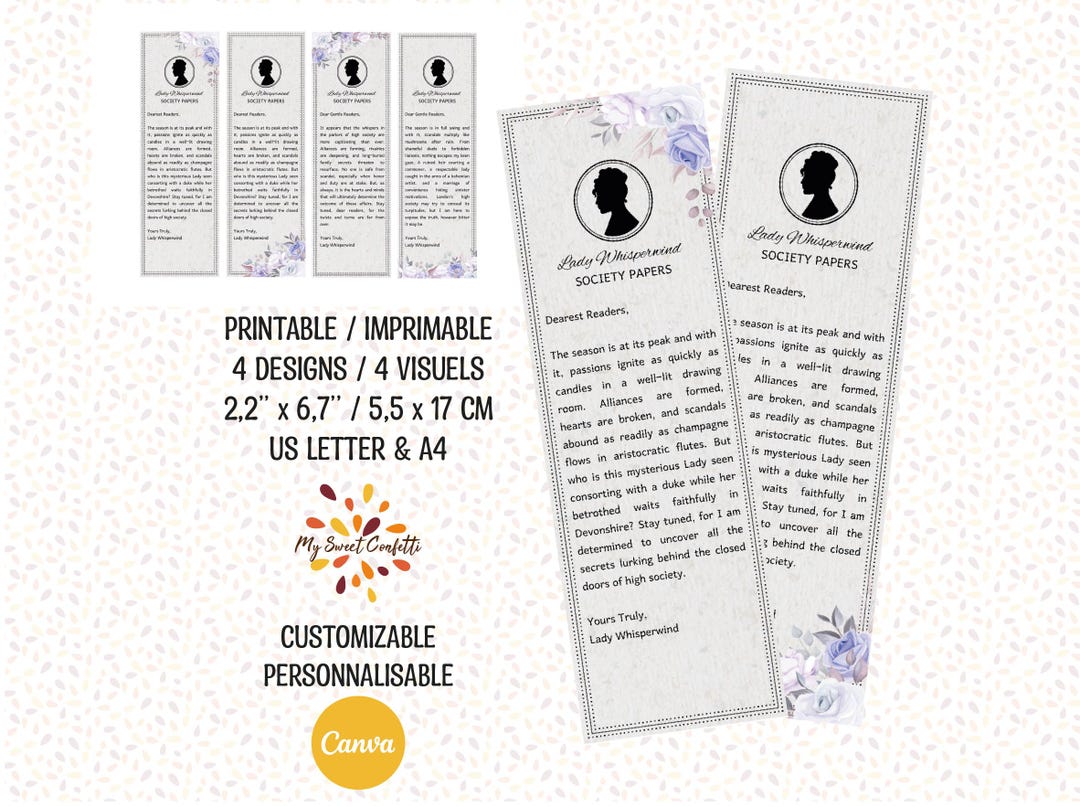 Editable Regency Bookmark | Printable Bookmark | Digital File ...