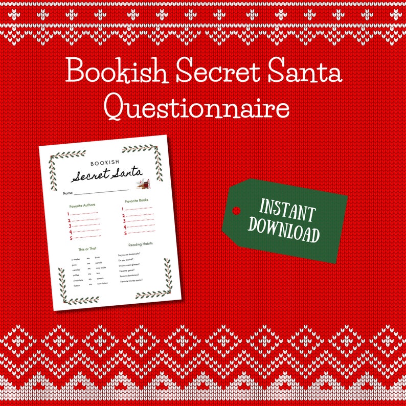 Book Lovers Secret Santa Questionnaire Form | INSTANT DOWNLOAD | Book ...