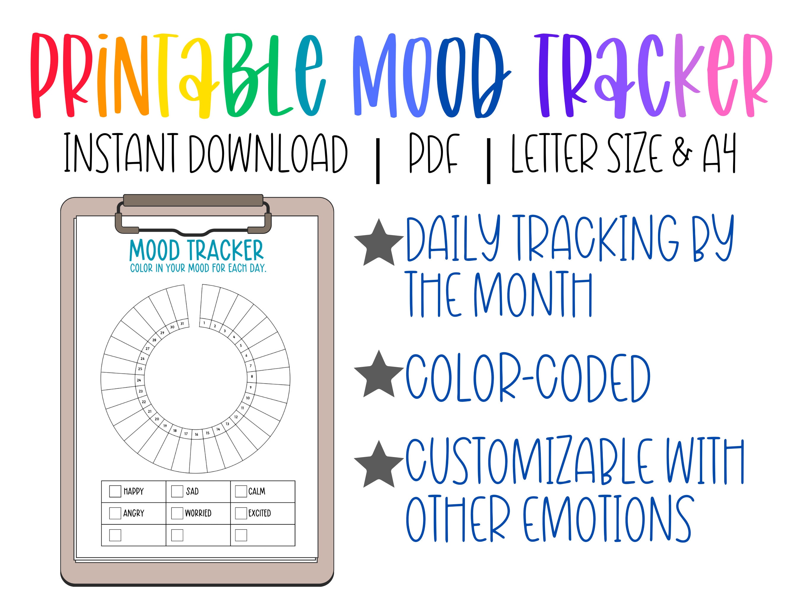 Mood Tracker, Printable Mood Tracker, Daily Mood Tracker, Colored Mood ...
