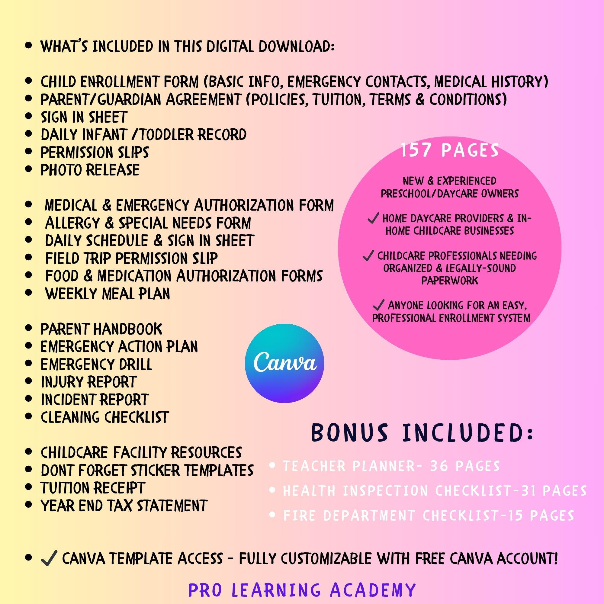 Daycare Forms, Daycare Contract, Daycare Starter Kit, Childcare Forms ...