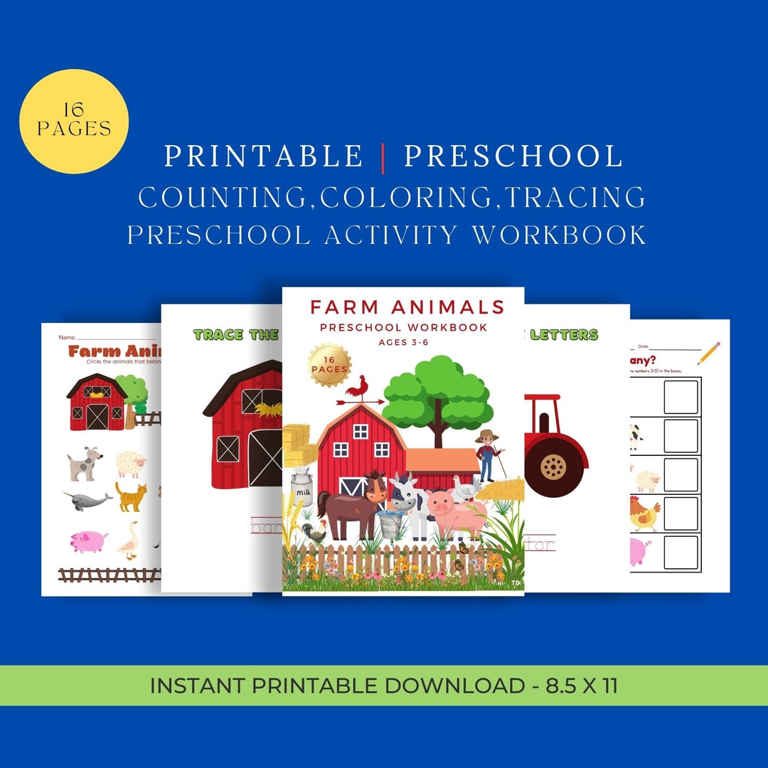 Farm Animals Preschool Workbook, Counting, Tracing (PDF) - Etsy