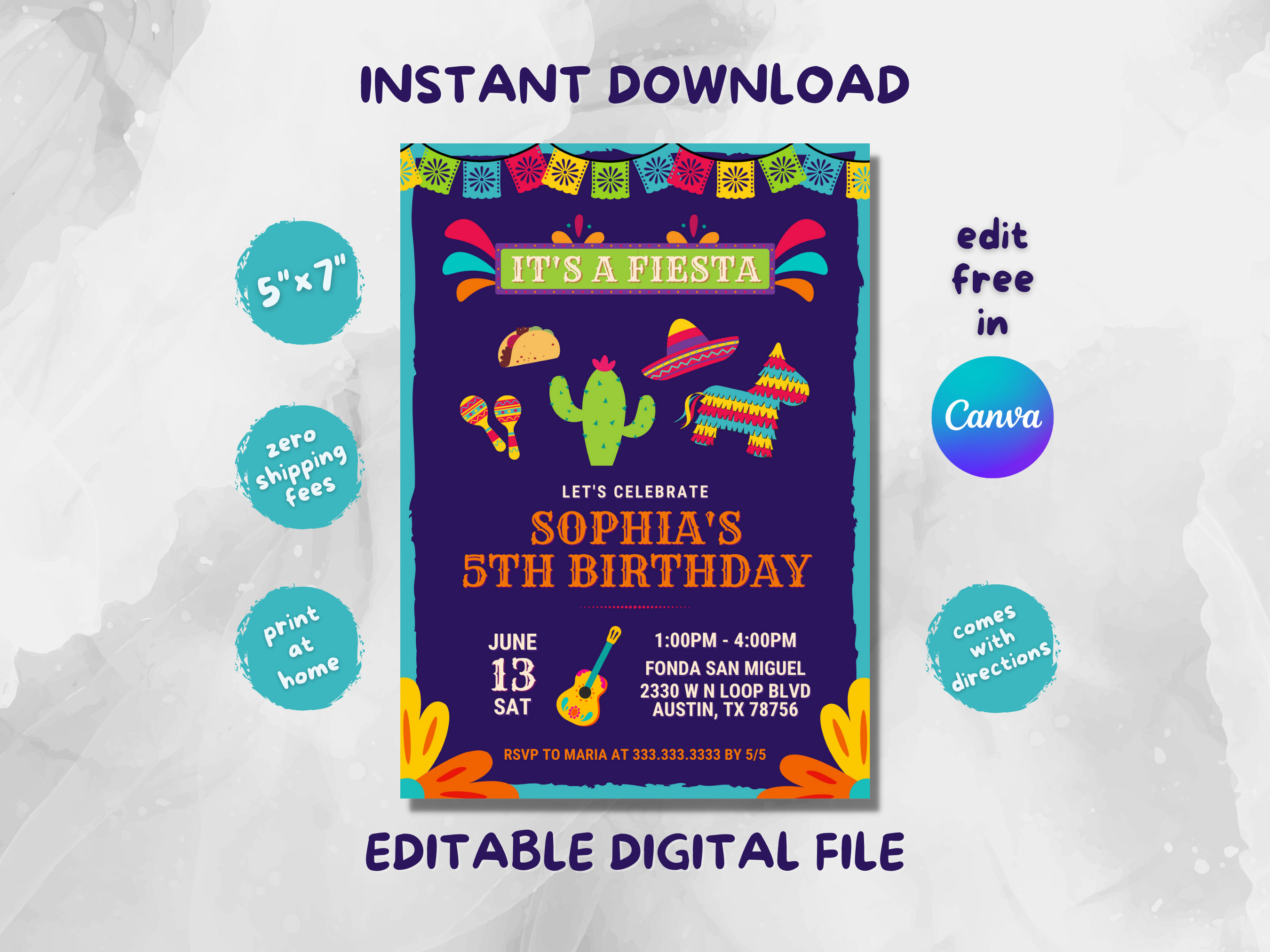 Editable Fiesta Party Invitation Canva Template Download Birthday ...