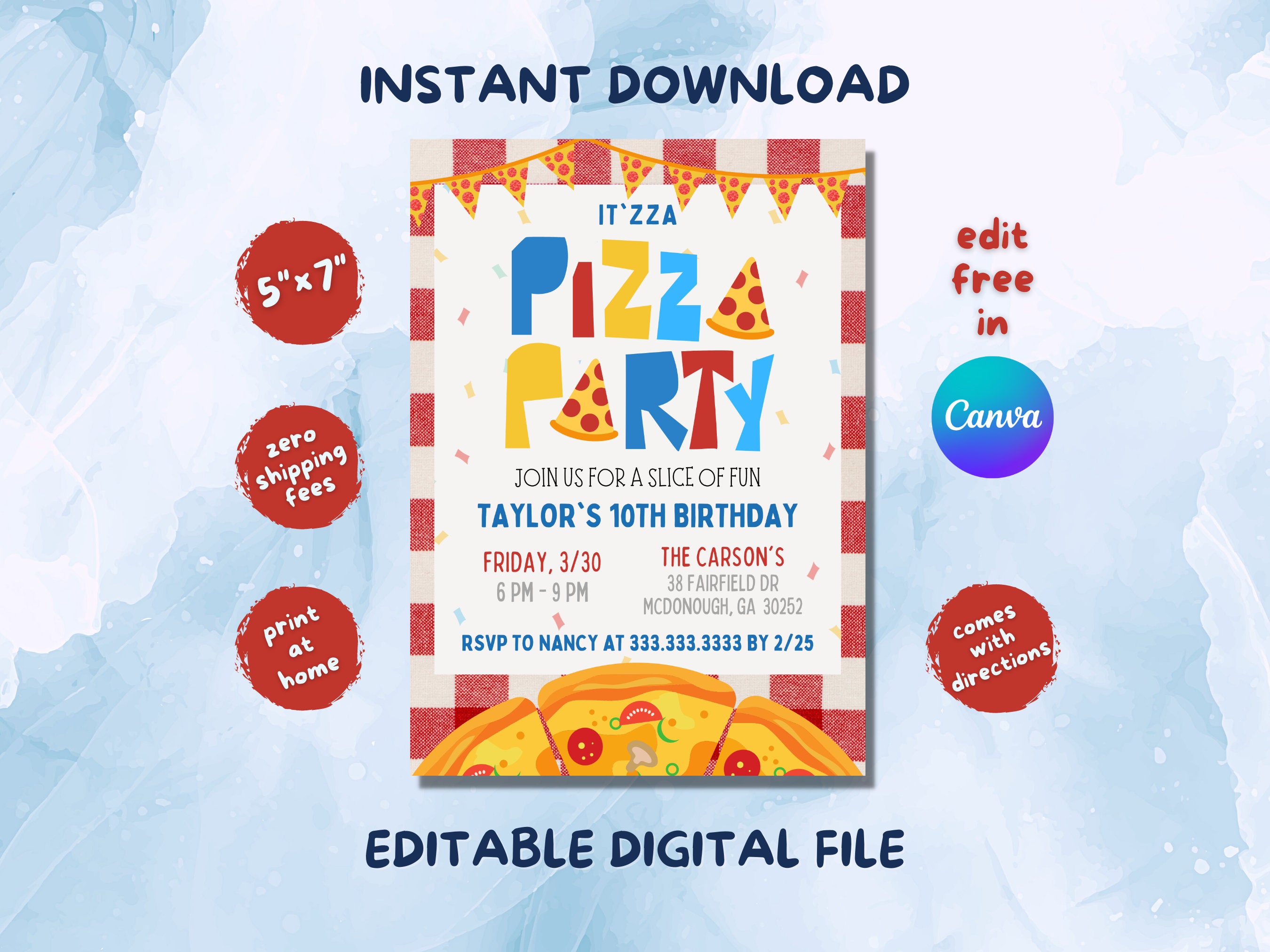 Editable Pizza Party Invitation Birthday Celebration Make Your Own DIY ...