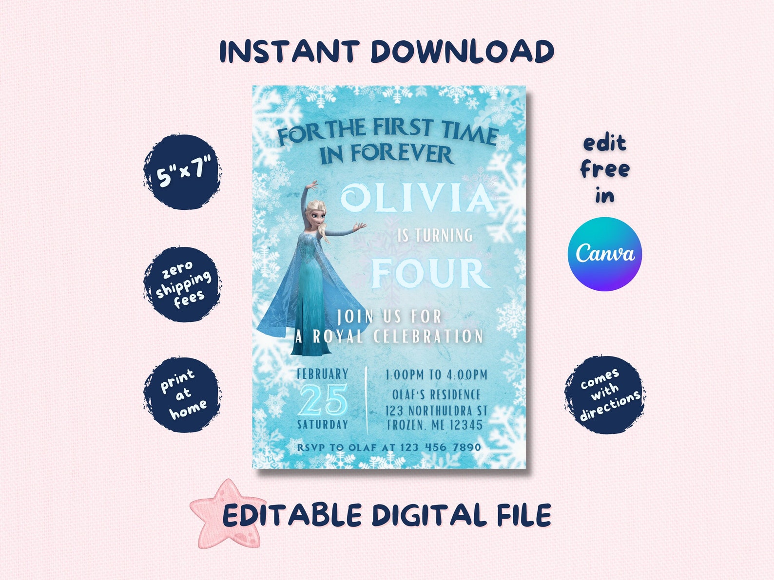 EDITABLE Frozen Birthday Invitation Canva Template for the First Time ...
