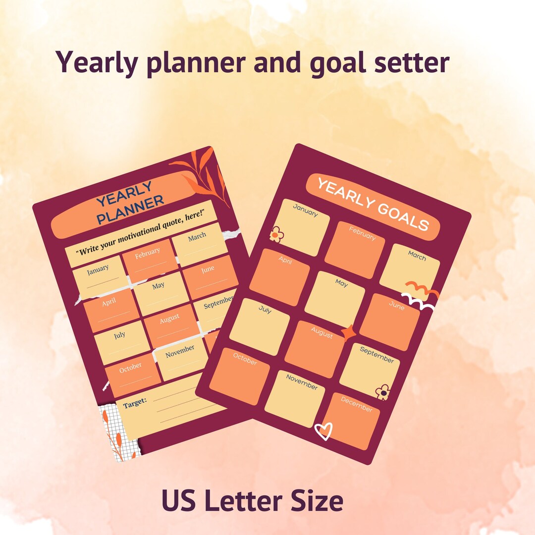 One Page Yearly Planner and Goal Setting, US Letter, Orange, Purple ...