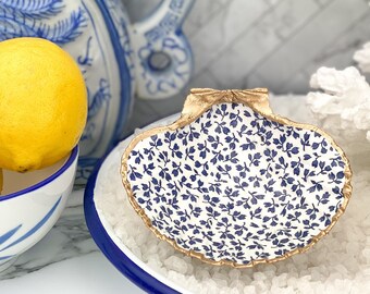 Eggshell Blue & Gold, Large Scallop Shell W. Oyster and Pearls. Trinket ...