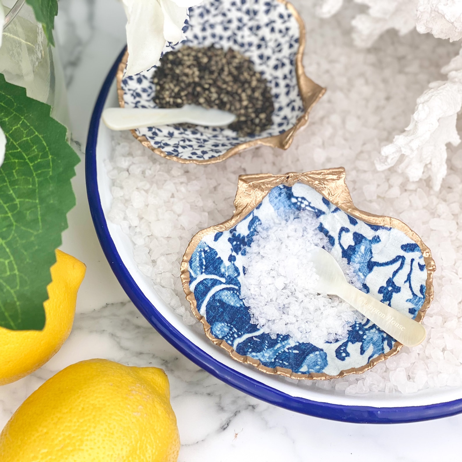 Blue Batik Scallop Shell Trinket/ring Dish Gold - Etsy