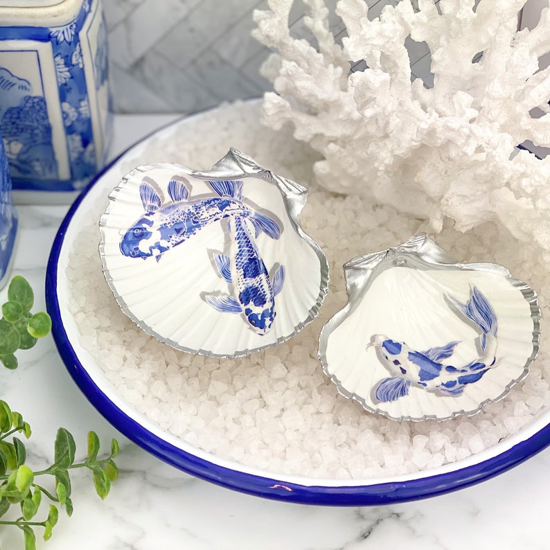 Koi Fish Scallop Shell set A Trinket/ring Dish Silver - Etsy