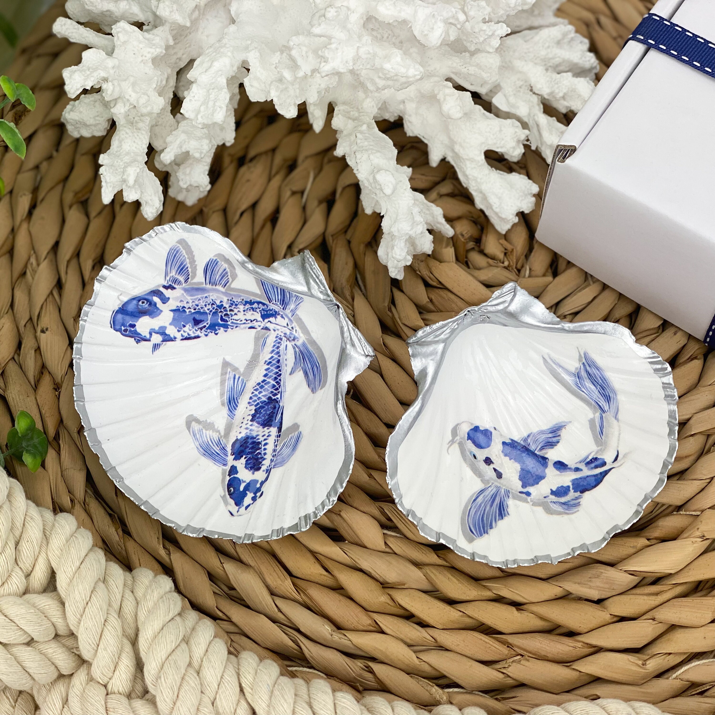 Koi Fish Scallop Shell set A Trinket/ring Dish Silver - Etsy