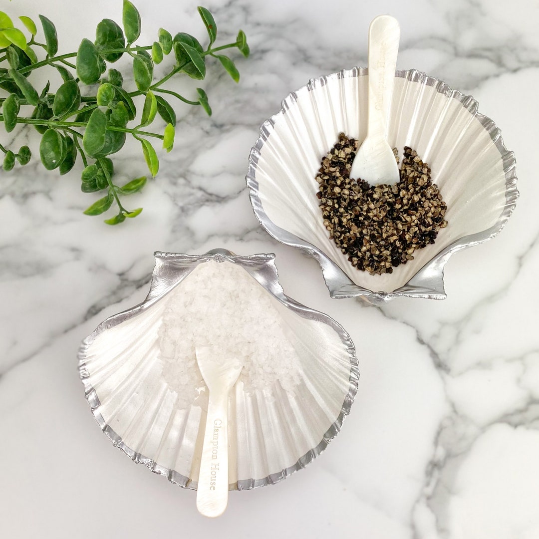 Silver Salt & Pepper Scallop Shell Set With Shell Carved Spoons - Etsy