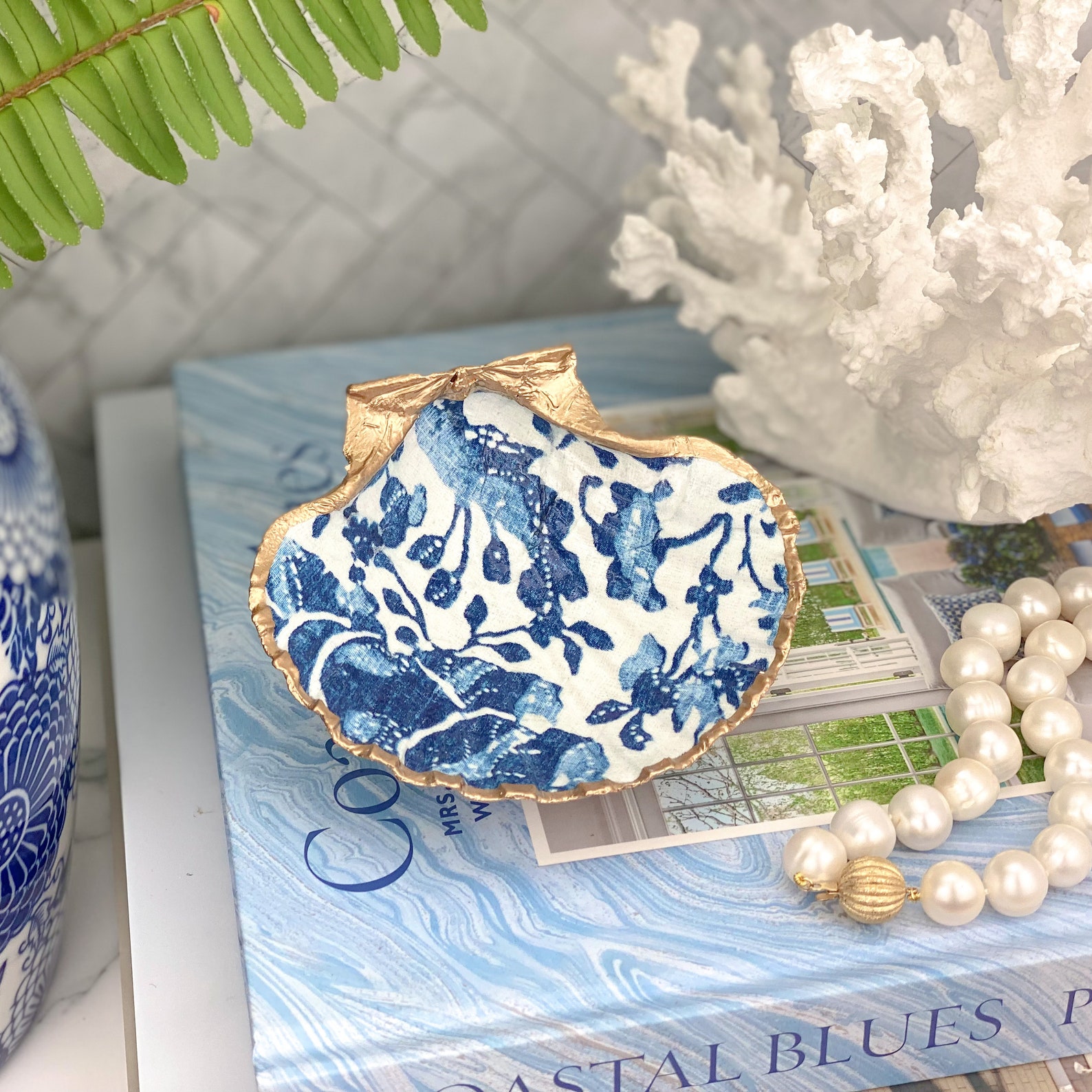 Blue Batik Scallop Shell Trinket/ring Dish Gold - Etsy