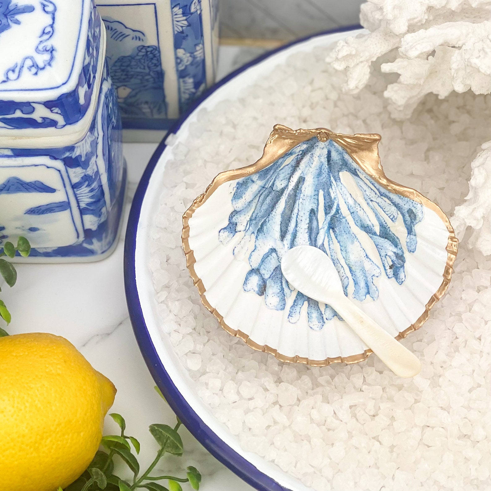 Blue Coral Scallop Shell Trinket/ring Dish Gold - Etsy