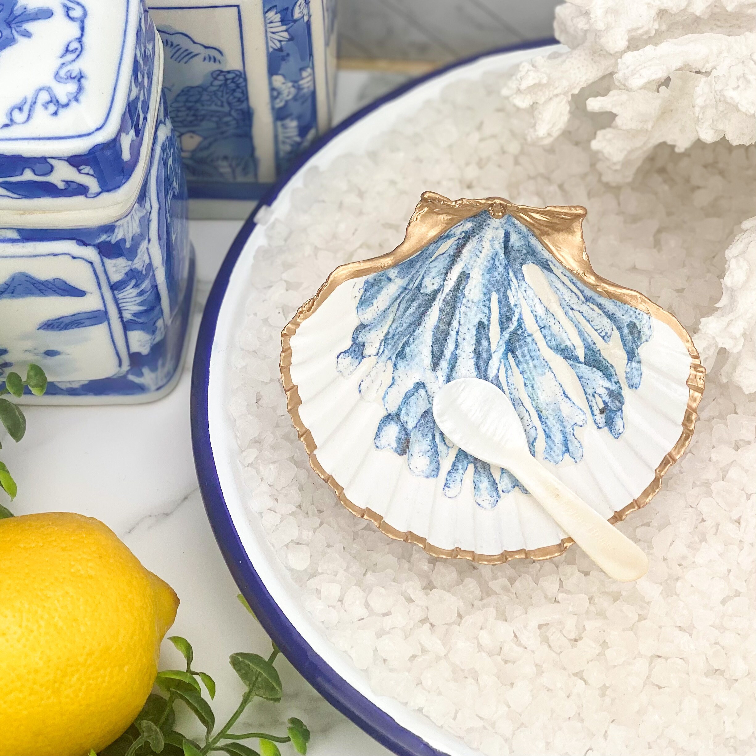 Blue Coral Scallop Shell Trinket/ring Dish Gold - Etsy