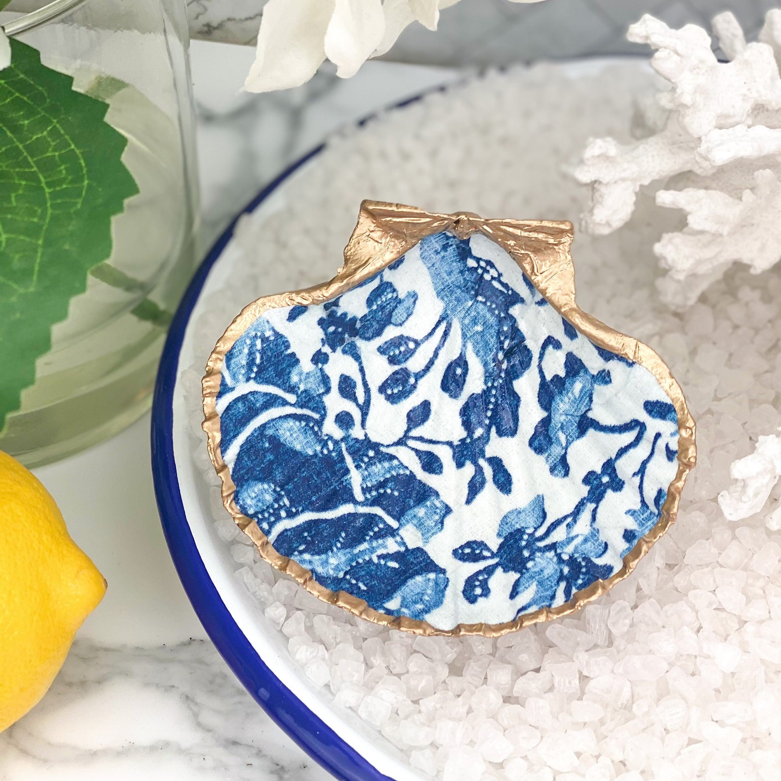 Blue Batik Scallop Shell Trinket/ring Dish Gold - Etsy