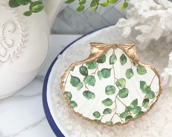 Eggshell Blue & Gold, Large Scallop Shell W. Oyster and Pearls. Trinket ...