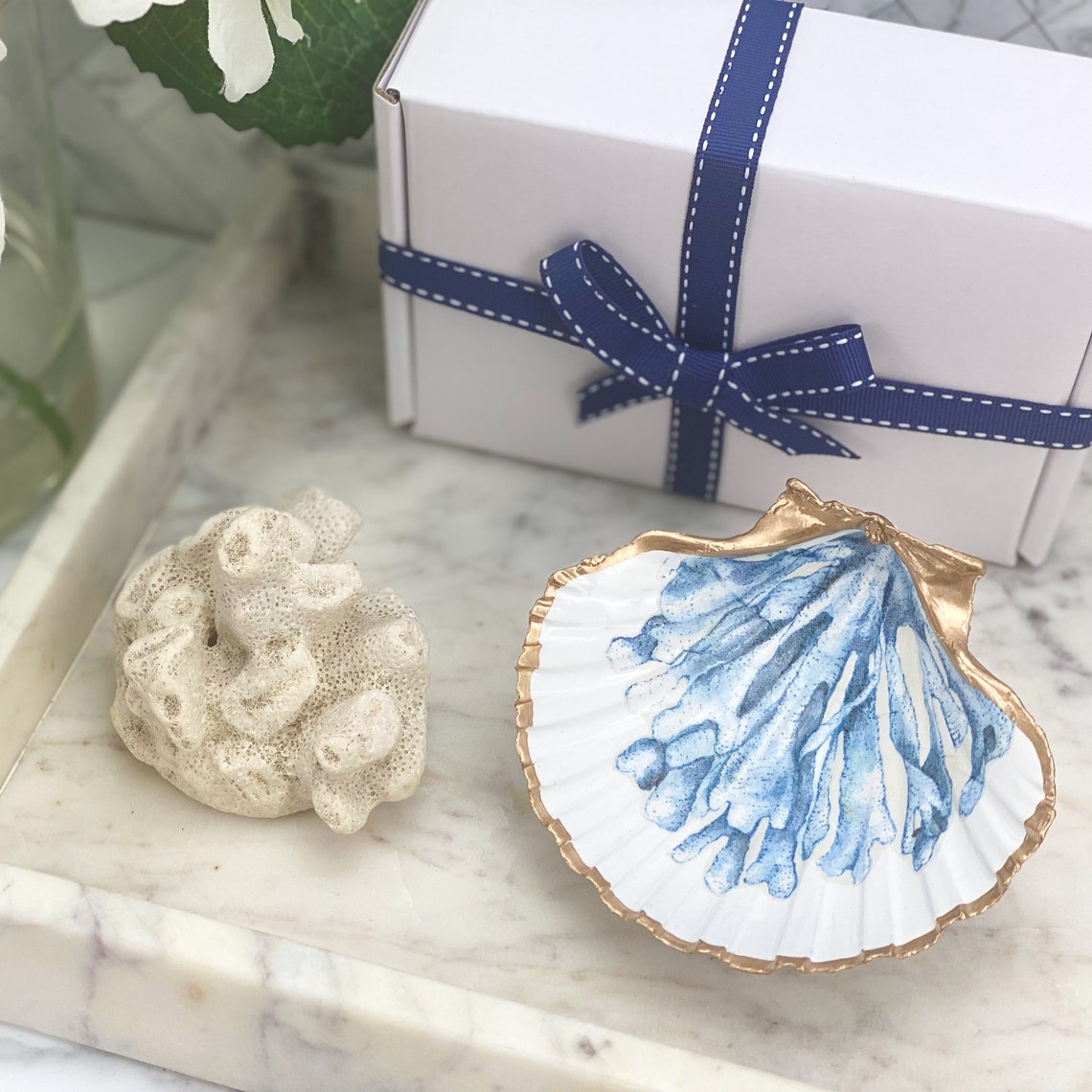 Blue Coral Scallop Shell Trinket/ring Dish Gold - Etsy