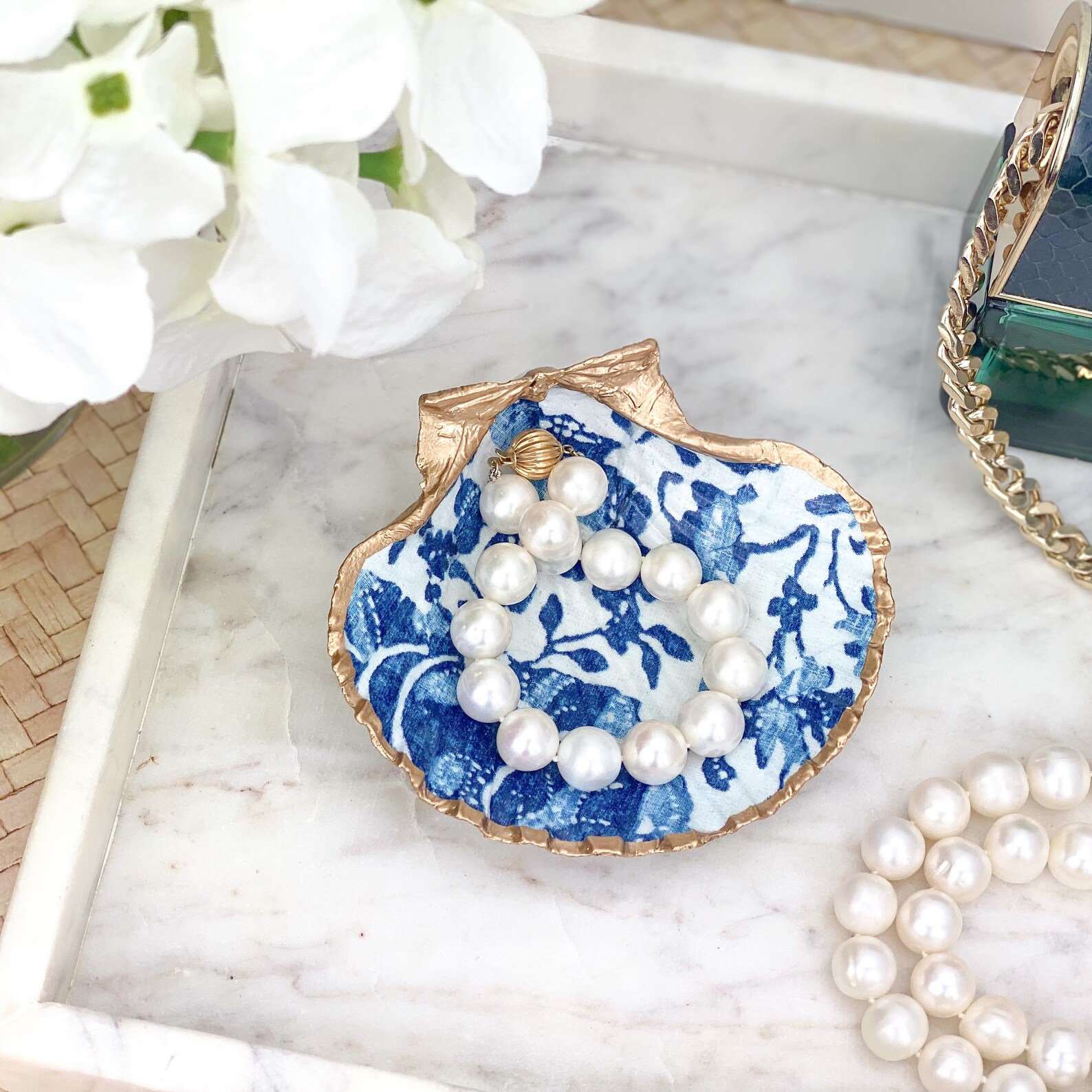 Blue Batik Scallop Shell Trinket/ring Dish Gold - Etsy