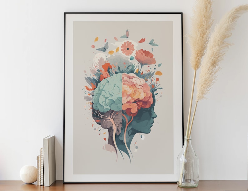 Floral Brain Mind Poster Psychologist Office Poster, Therapist Wall Art ...