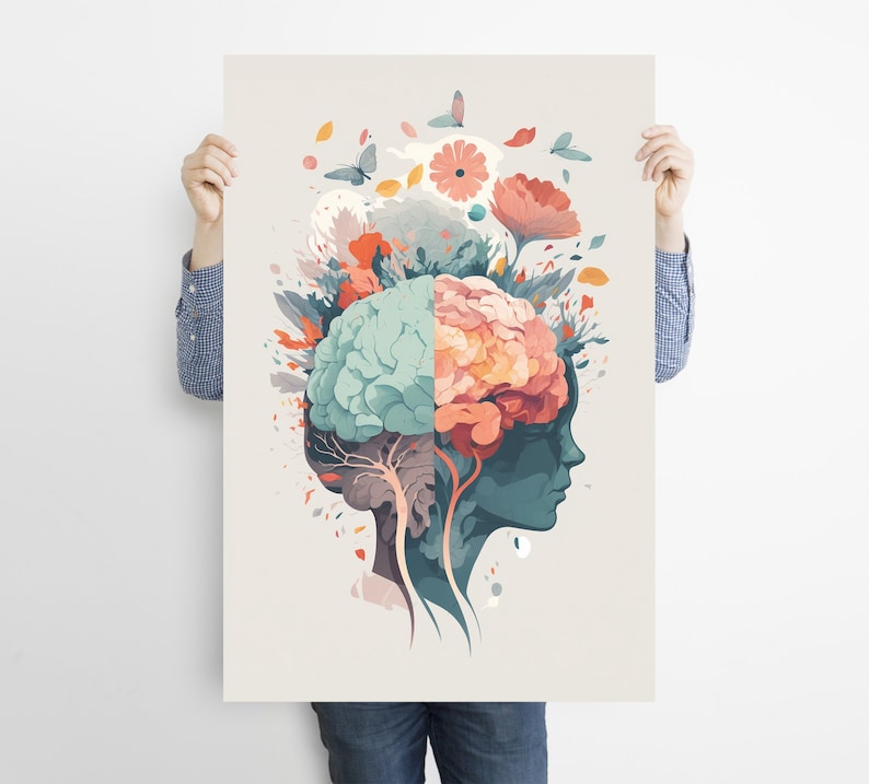 Floral Brain Mind Poster - Psychologist Desk Poster, Therapist Wall Art ...