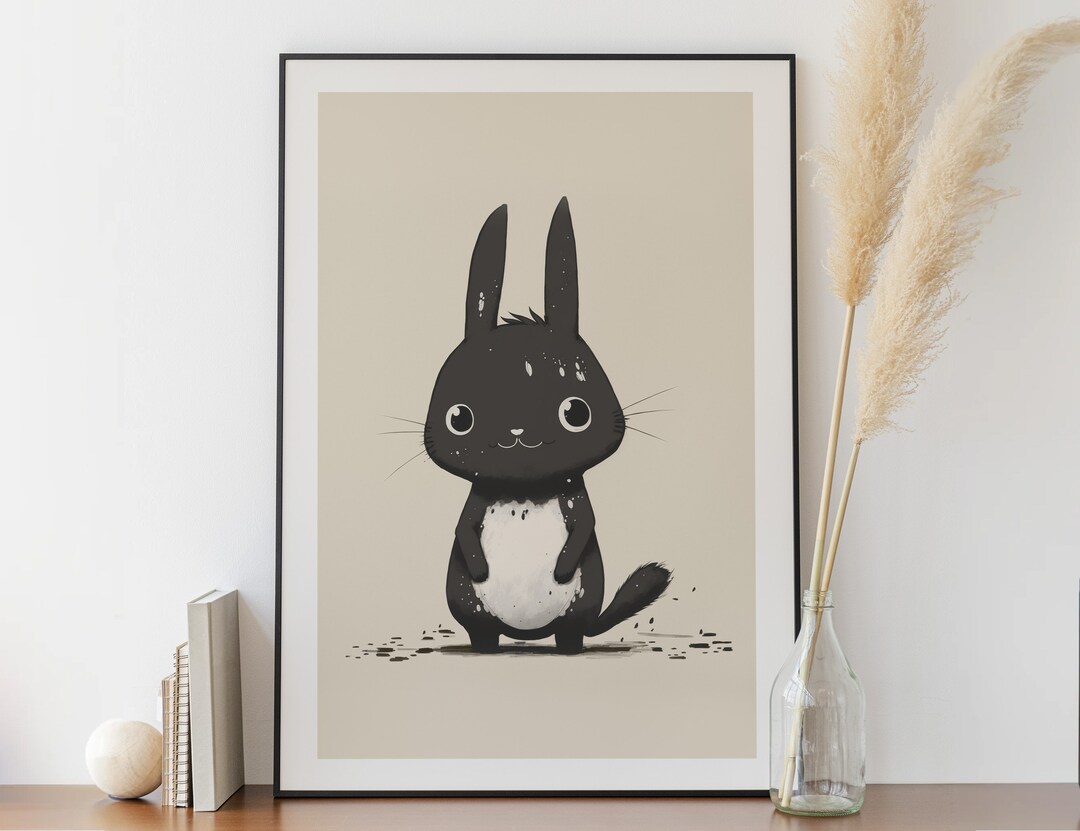 Black and White Rabbit Poster Ghibli Miyazaki Style Animals Digital ...