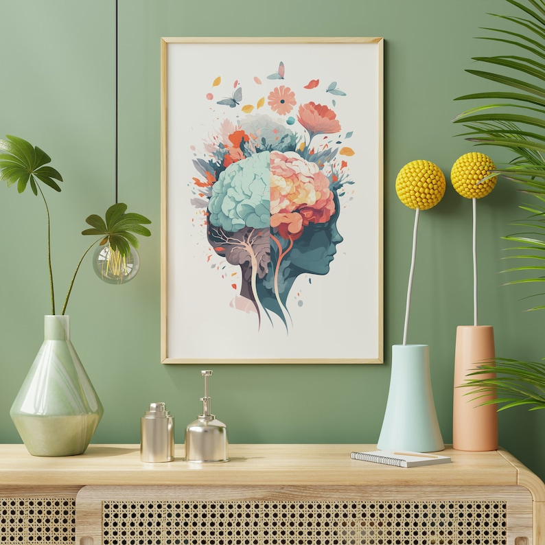 Floral Brain Mind Poster - Psychologist Desk Poster, Therapist Wall Art ...