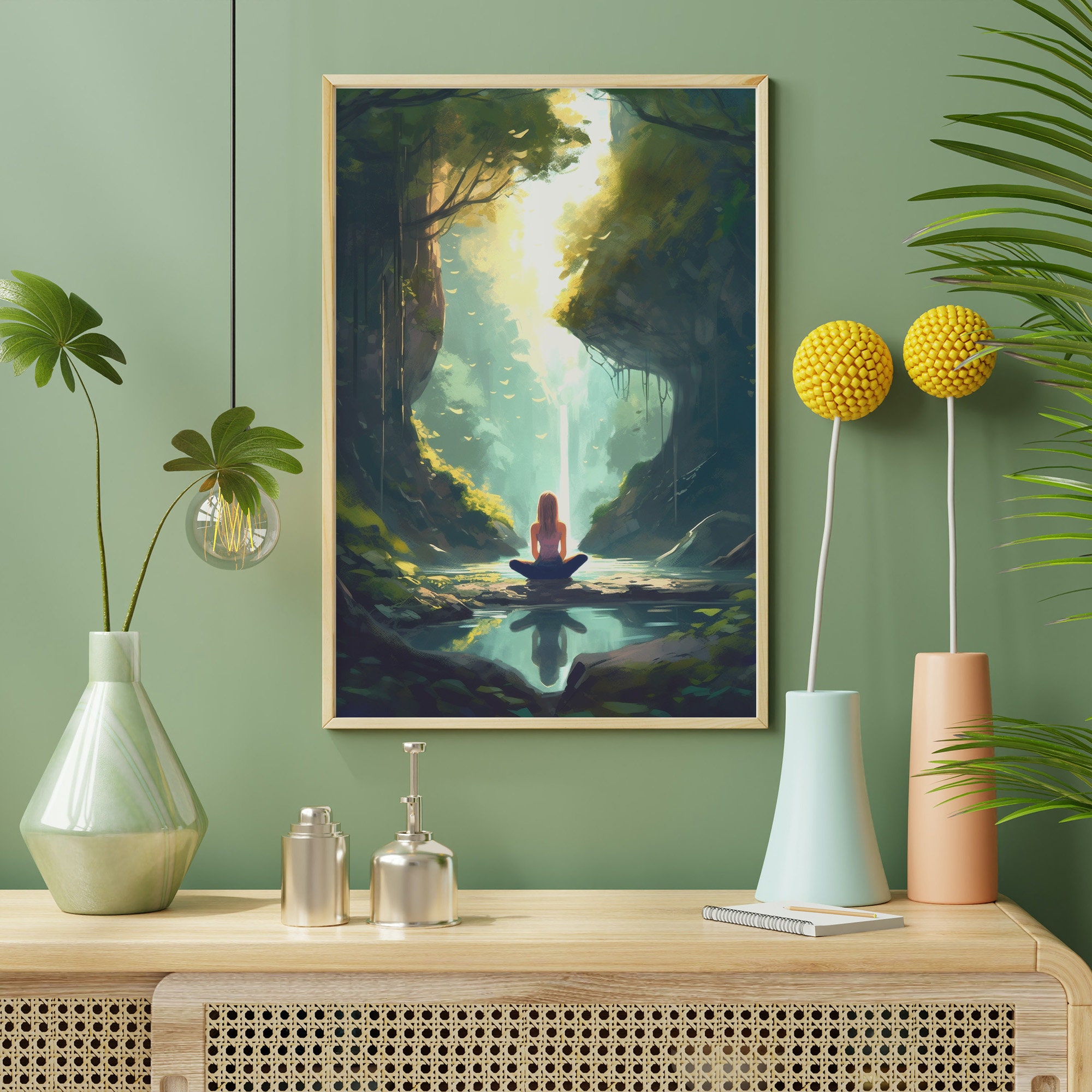 Poster Yoga Meditation in the Forest Near a River and Waterfall Yoga ...