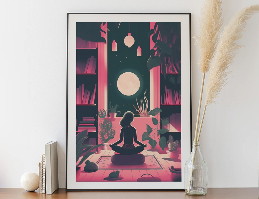 Yoga Meditation Poster in a Room Full of Books Under the Moon - Yoga ...