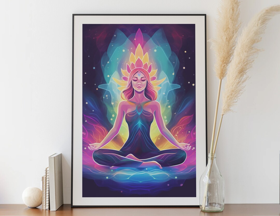 Yoga Poster Woman in Lotus Position With Colorful Effects - Meditation ...