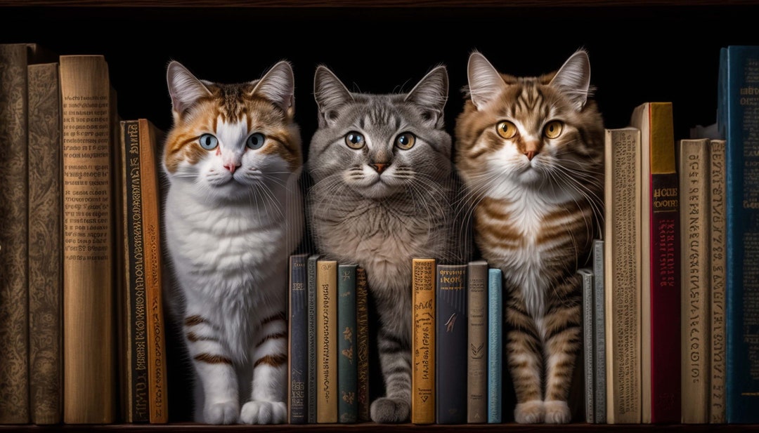 Three Cats Bookshelf Print, 3 Cat Illustration, Printable, Cat Poster ...