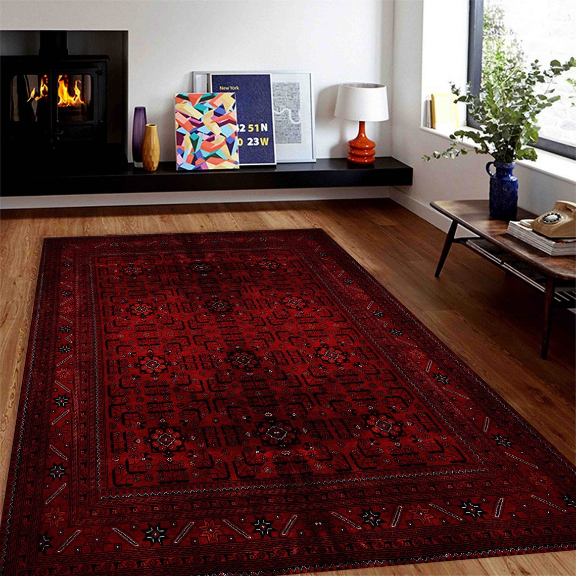Bold Red Afghan Rug, Afghan Carpet for Cosy Bedroom, Machine Washable ...