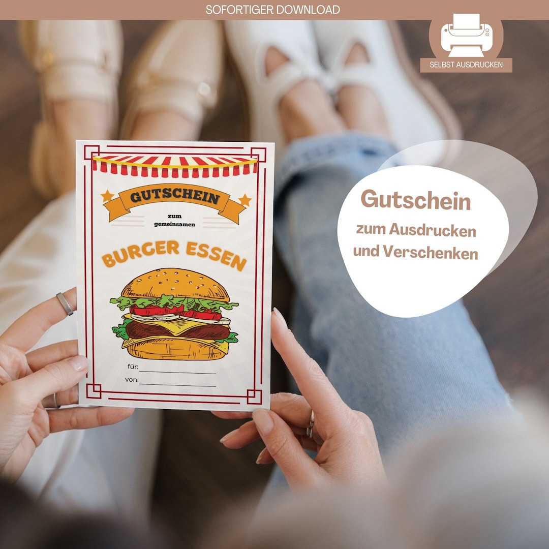 Voucher Burger Food Gift to Print Out Voucher Last Minute Gift Man ...
