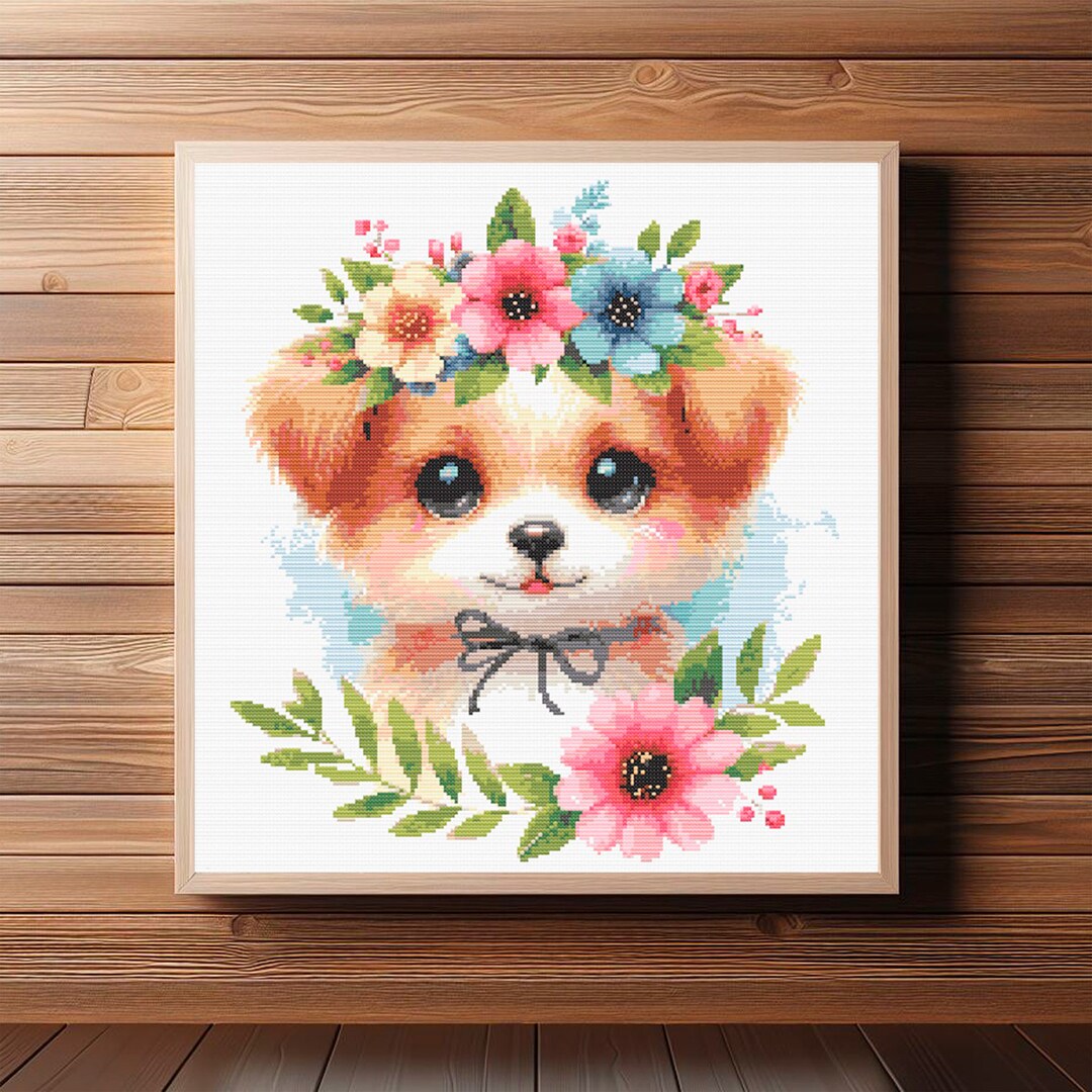 Puppy in Bloom Cross Stitch Pattern: Floral Dog Decor (PDF Pattern) - Etsy
