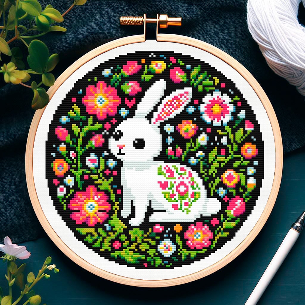 Rabbit in a Flower Field Cross Stitch Pattern A Unique and Charming ...