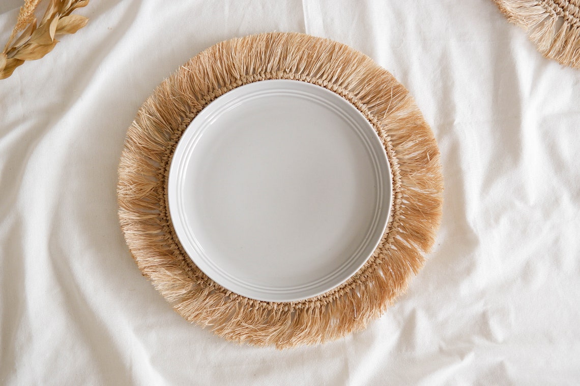 Natural Raffia Placemat, Raffia Fringe Placemat, Round Fringe Placemat ...