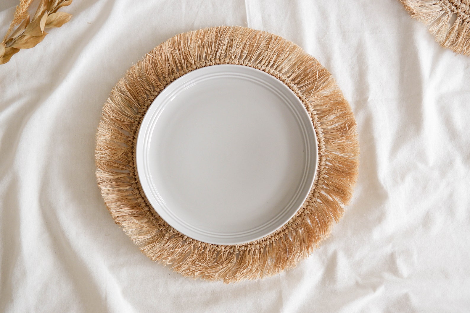Natural Raffia Placemat, Raffia Fringe Placemat, Round Fringe Placemat, Boho Placemat, Woven ...