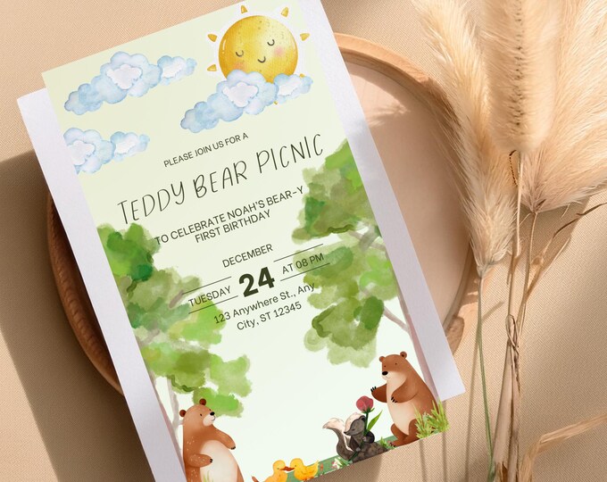 Vintage Teddy Bear Picnic Birthday Party Invite - Kids Teddy Party E ...