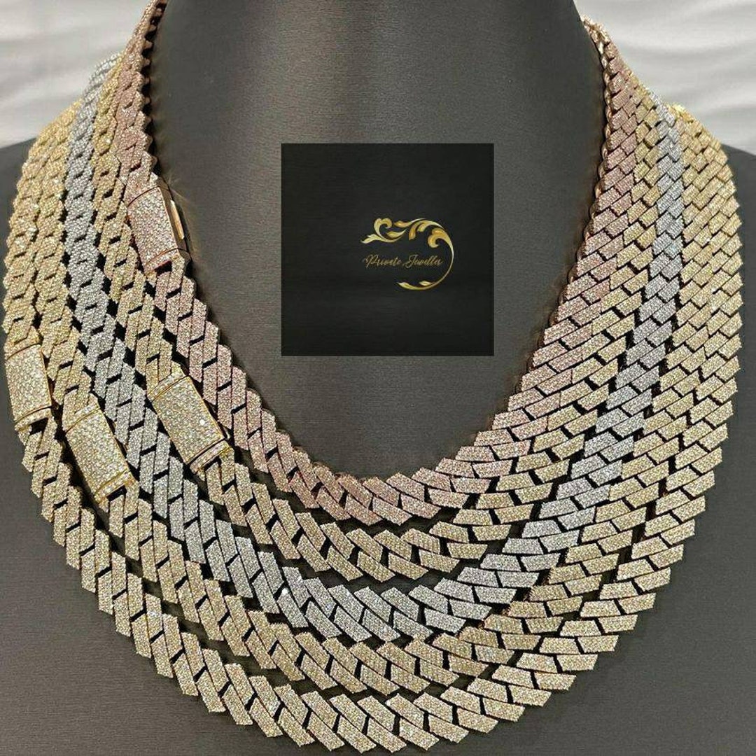 12mm 3 Row Miami Cuban Link Chain Vvs Moissanite Diamond Stubbed 925 ...