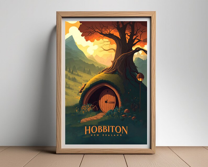 NZ Hobbiton Travel Poster,new Zealand Wall Art Print,hobbiton Painting ...