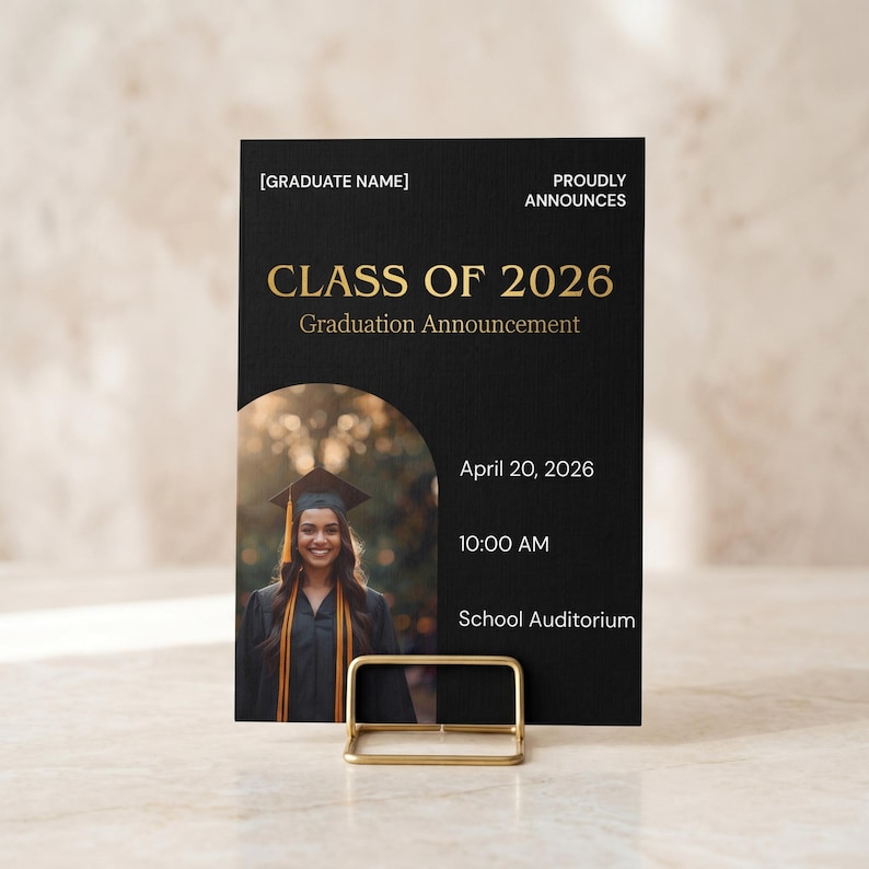 Graduation Announcement Template 2026 | Black Gold Photo Grad ...