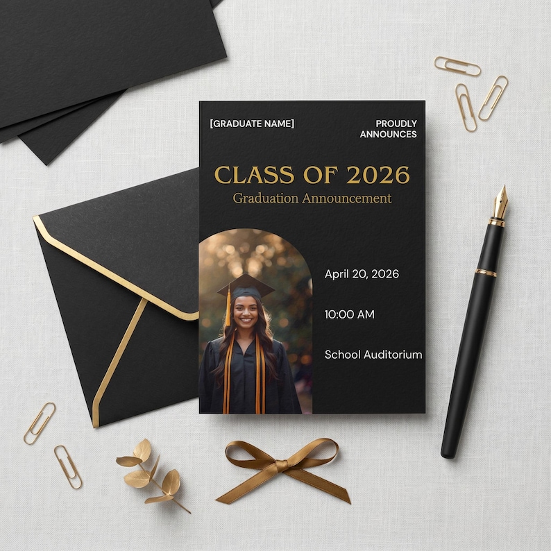 Graduation Announcement Template 2026 | Black Gold Photo Grad ...