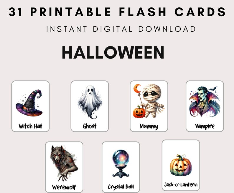 31 Halloween Flashcards, Montessori Cards, Educational, Matching ...