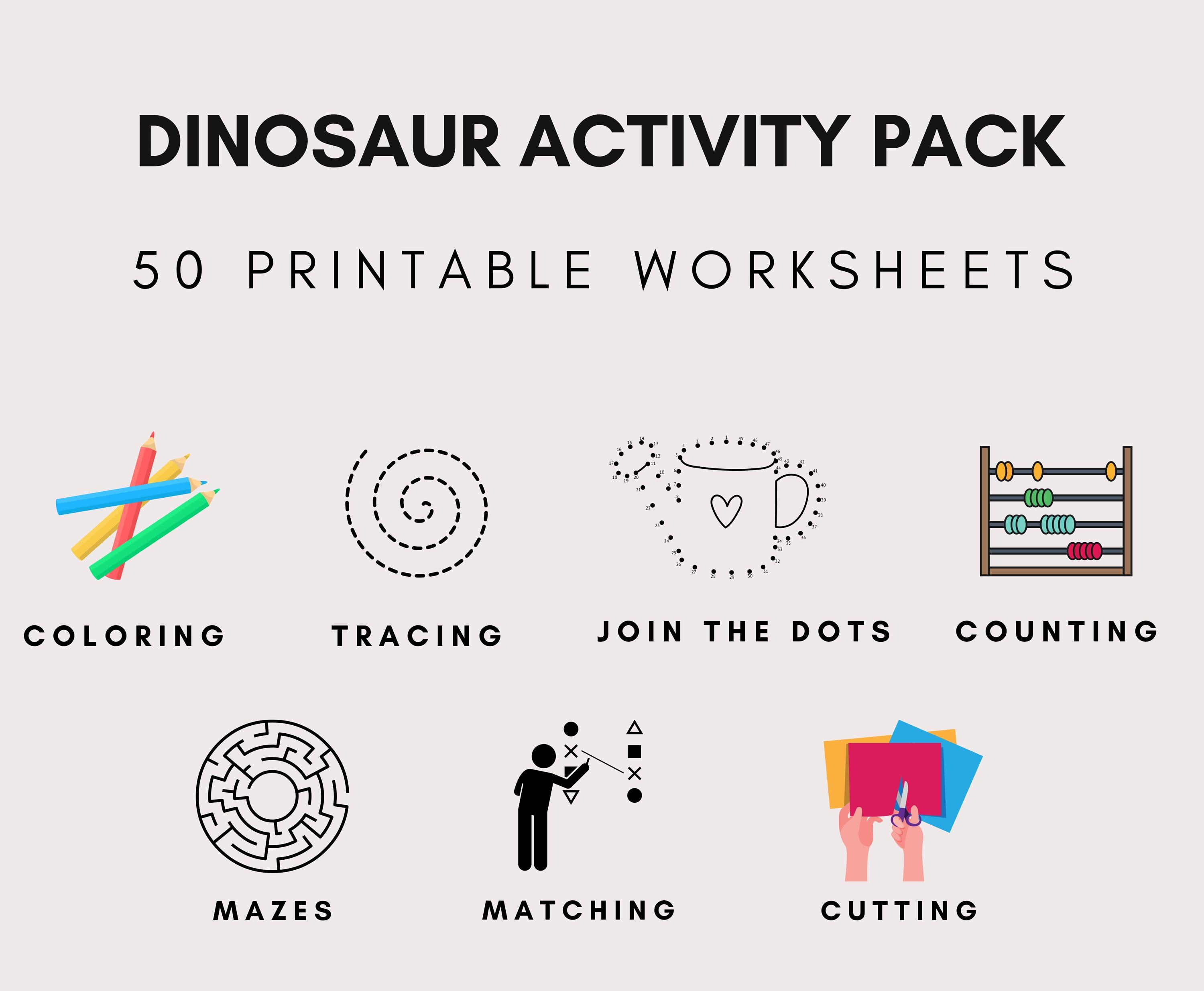 Dinosaur Activity Pack, 50 Printable Worksheets for Kids, Toddlers ...