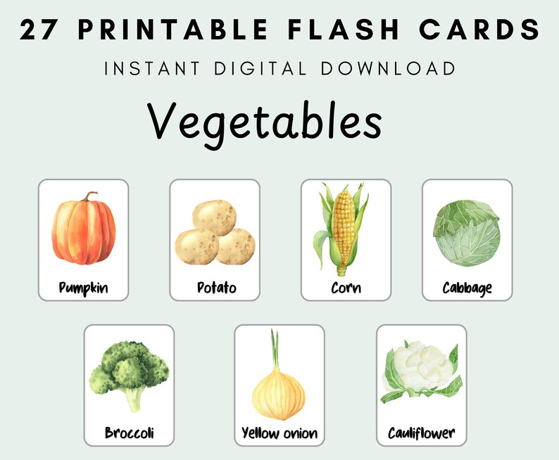 27 Children's Vegetable Flashcards, Pre-school Learning, Learning ...