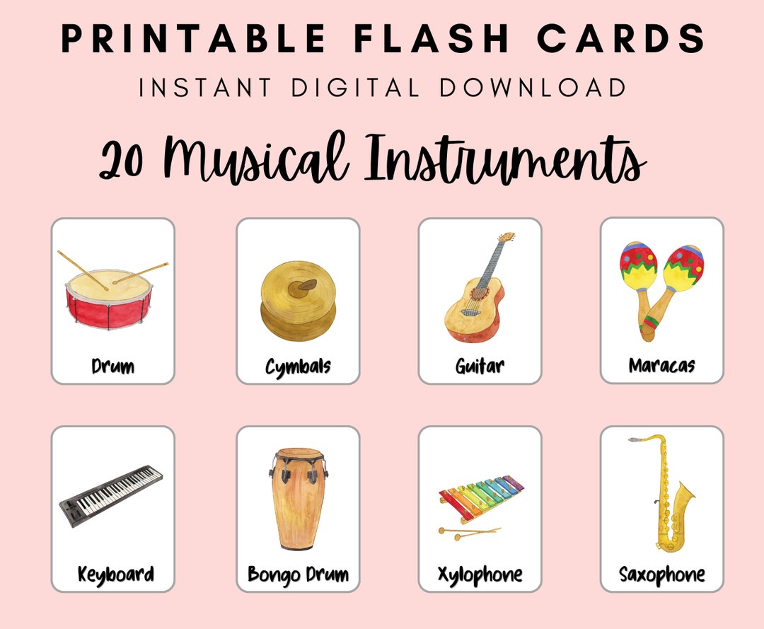 20 Childrens Musical Instruments Flashcards, Pre-school Cards, PDF ...