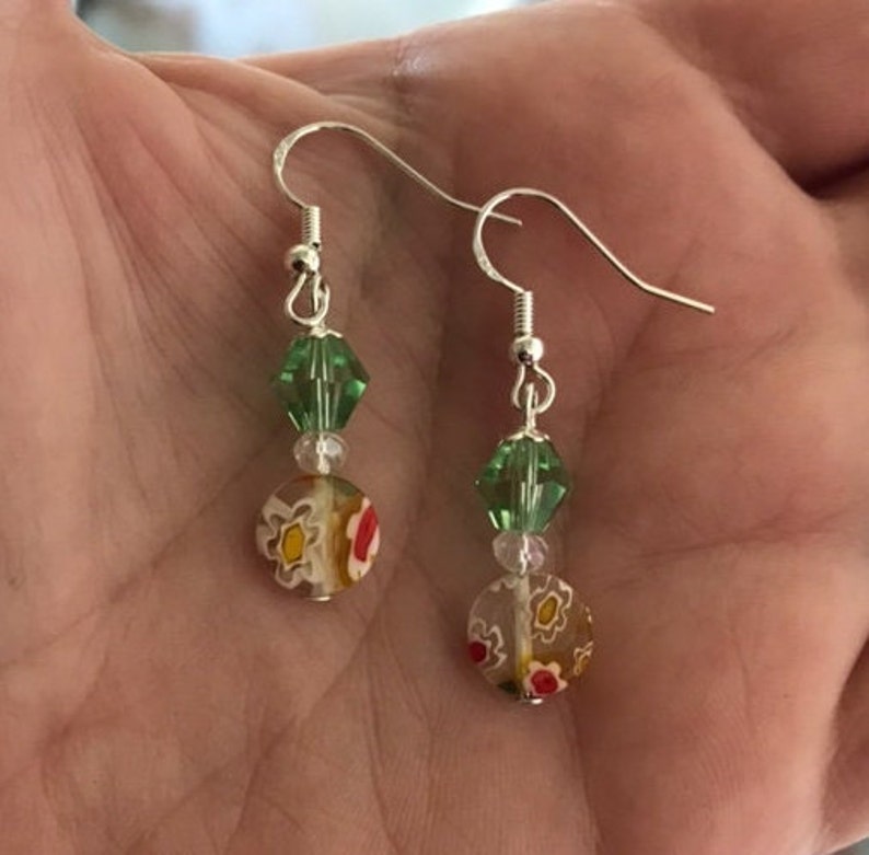 Millefiori Glass Disc Bead amara Green Earrings With Green Glass Bicone ...