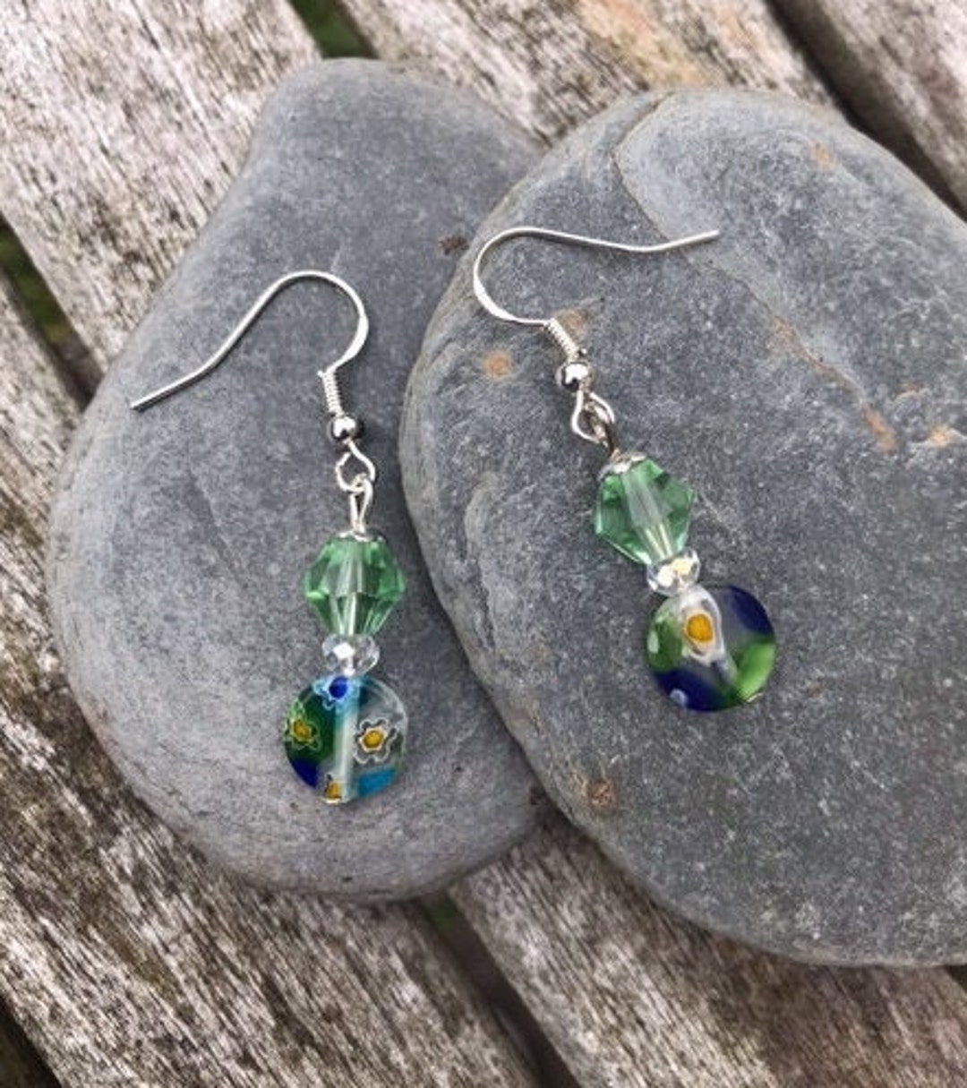 Millefiori Glass Disc Bead amara Green Earrings With Green Glass Bicone ...