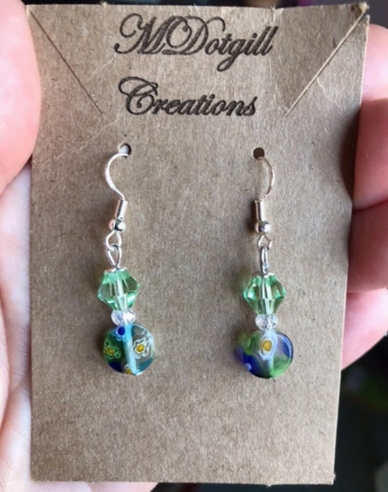 Millefiori Glass Disc Bead amara Green Earrings With Green Glass Bicone ...