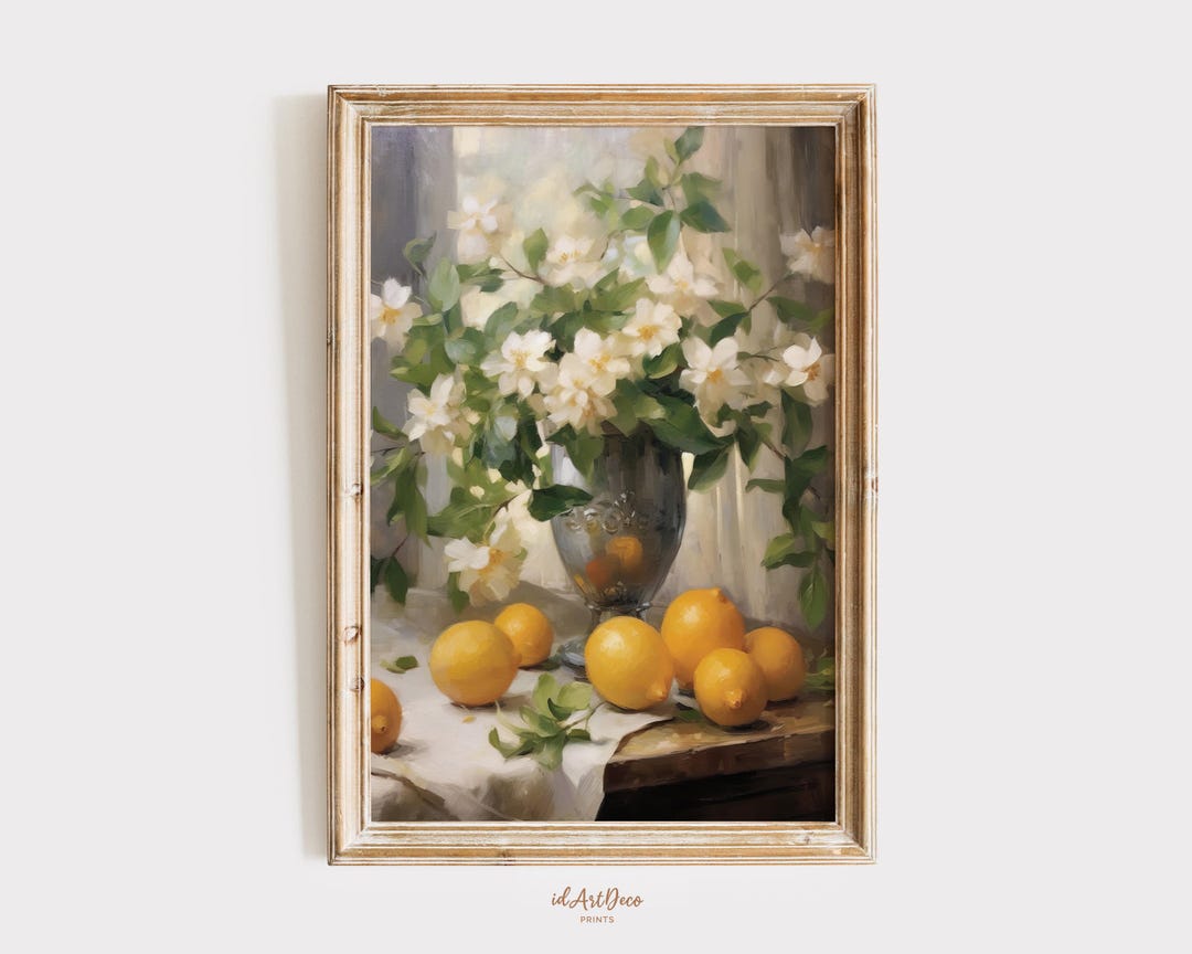 Neutral Still Life Printable, Oil Painting Flower Vase, Vintage Lemon ...