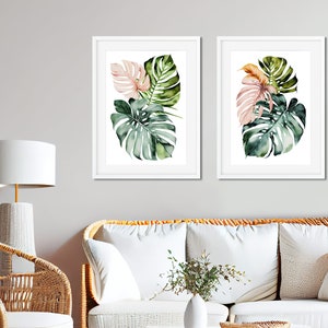 Monstera Leaves Print Set, 2 Piece Decor, Botanical Print, Tropical ...